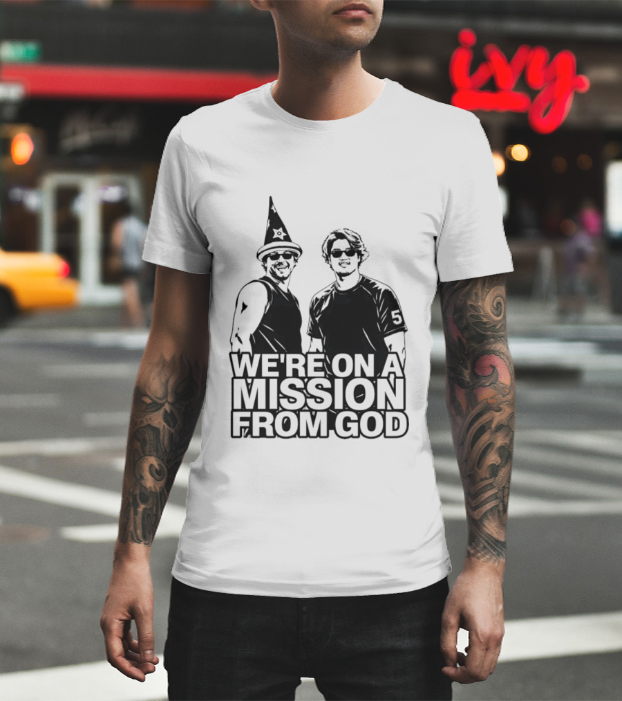We're On A Mission From God Blues Brothers Wizard Hat Sunglasses T-Shirt
