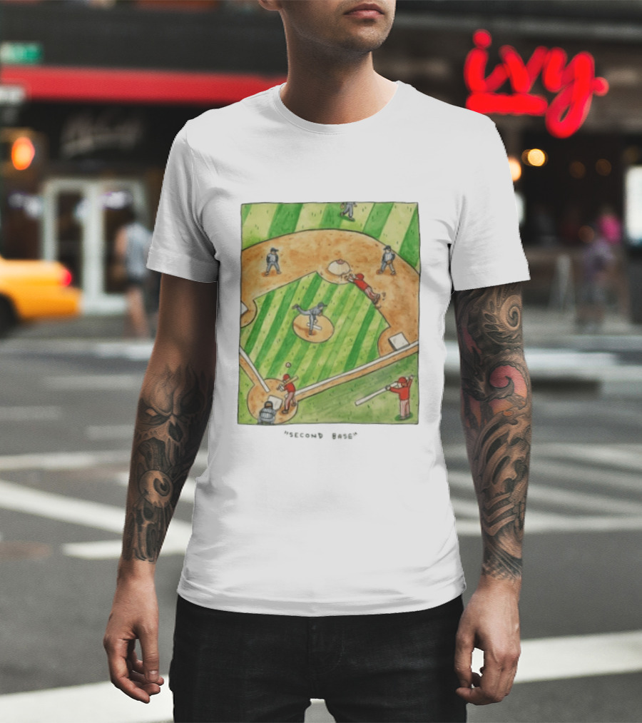 Second Base Baseball Cartoon Humor Action Play Scene T-Shirt