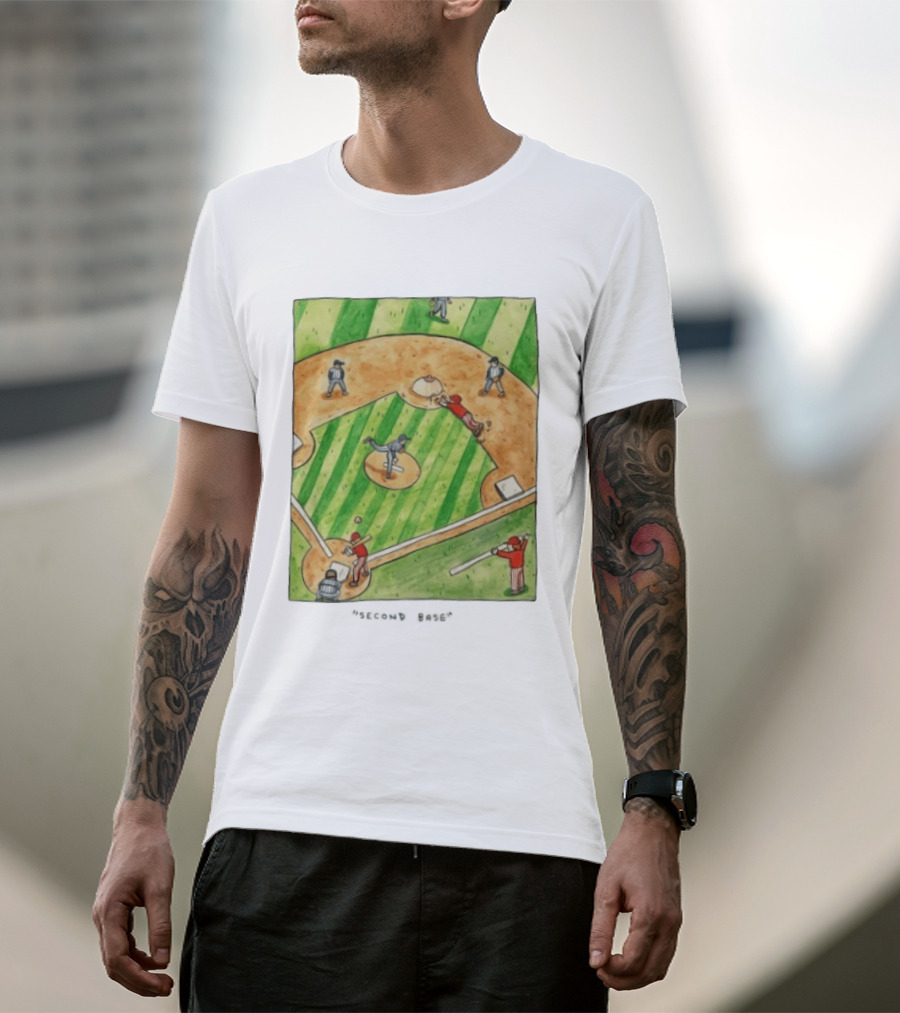 Second Base Baseball Cartoon Humor Action Play Scene T-Shirt