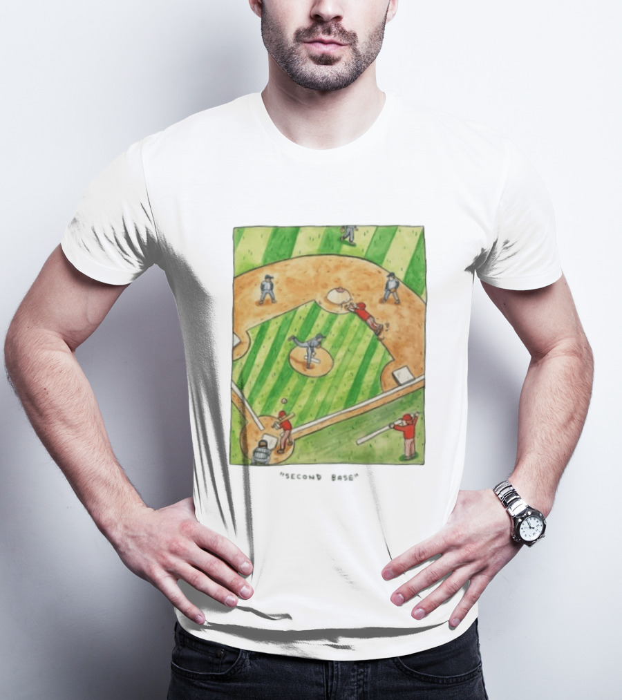 Second Base Baseball Cartoon Humor Action Play Scene T-Shirt