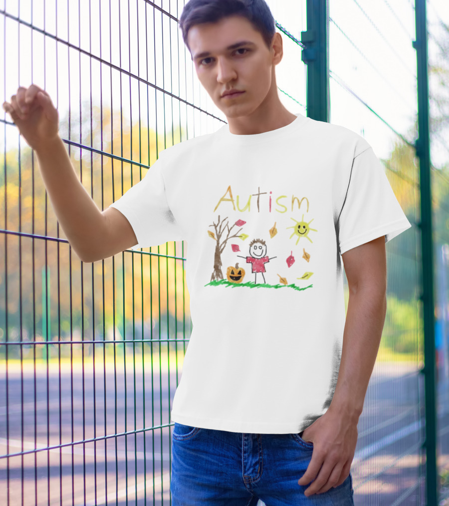 Autism Awareness Child With Pumpkin Autumn Leaves Sun And Tree T-Shirt