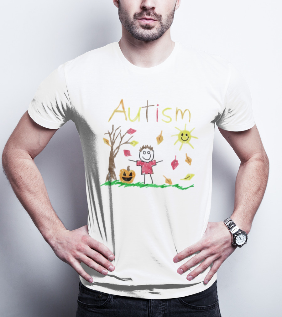 Autism Awareness Child With Pumpkin Autumn Leaves Sun And Tree T-Shirt