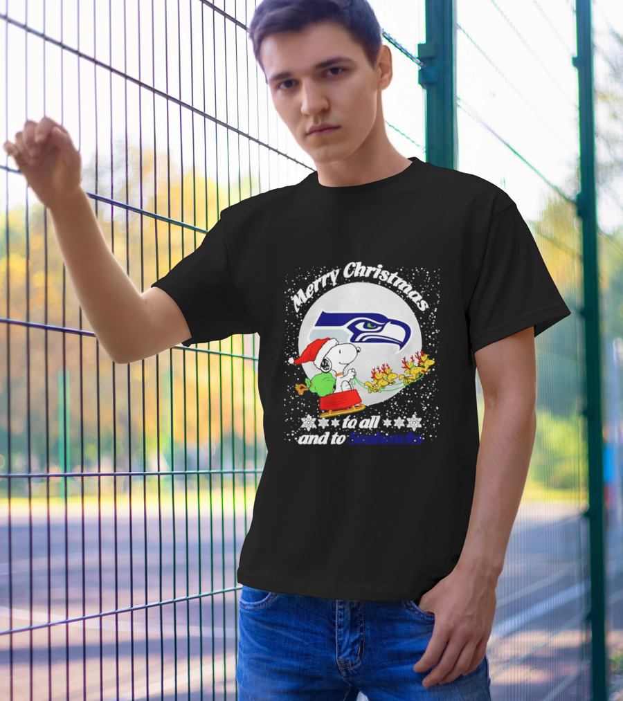 Snoopy Merry Christmas Seahawk Fans Festive Holiday Greeting T-Shirt