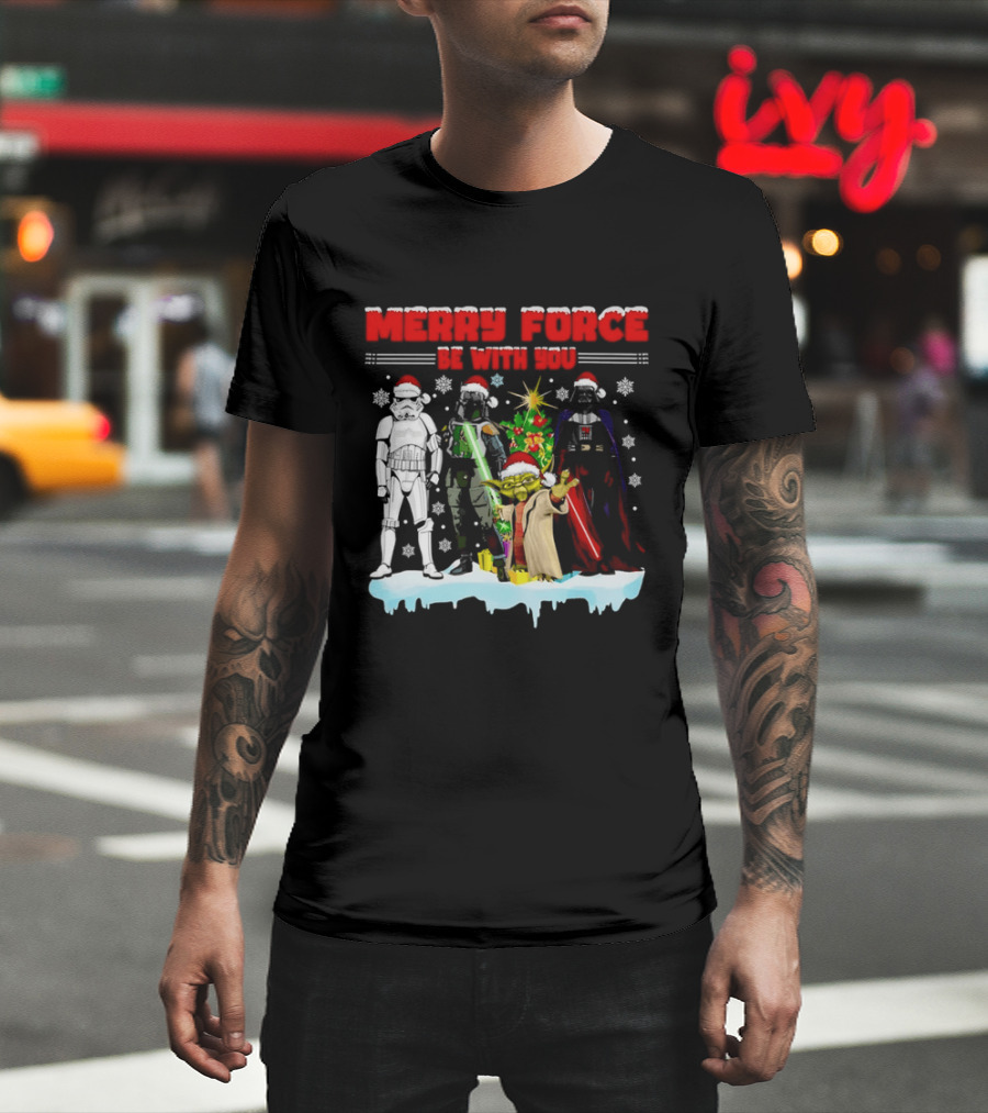 Star Wars Merry Force Be With You Christmas Characters Stormtrooper Yoda Darth Vader Santa Hats T-Shirt