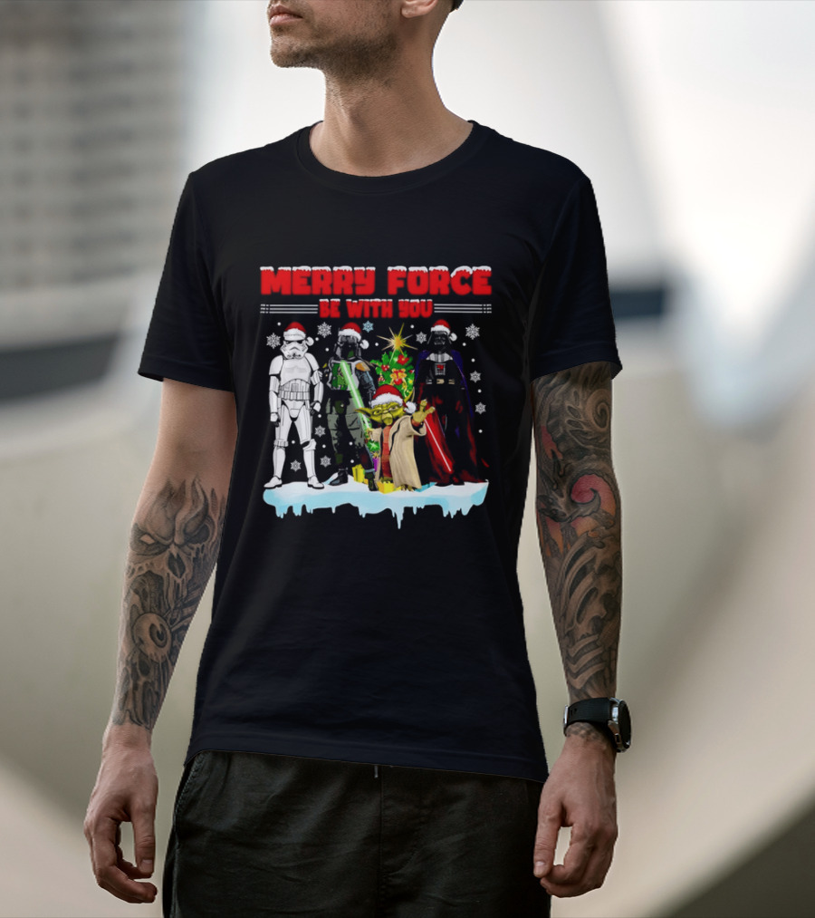 Star Wars Merry Force Be With You Christmas Characters Stormtrooper Yoda Darth Vader Santa Hats T-Shirt