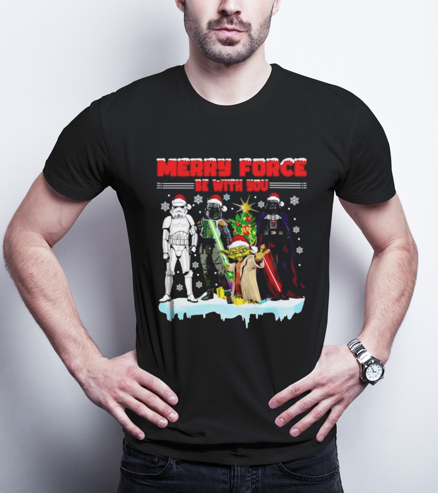 Star Wars Merry Force Be With You Christmas Characters Stormtrooper Yoda Darth Vader Santa Hats T-Shirt
