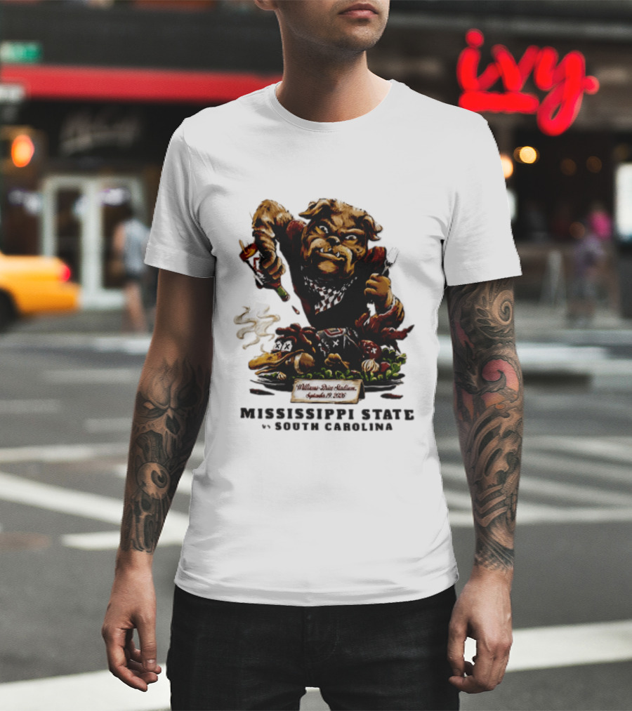 Mississippi State Vs South Carolina 2026 Bulldog Pouring Sauce On Roasted Duck Williams Brice Stadium T-Shirt