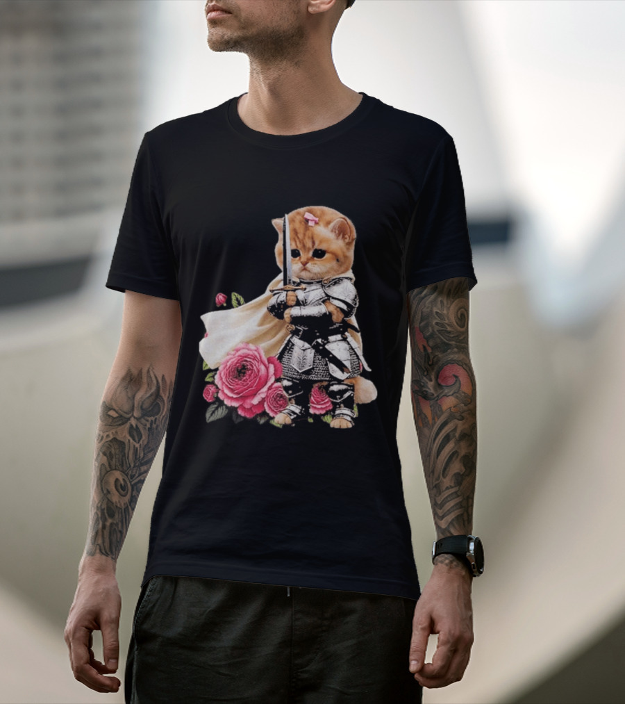 Knight Cat Holding Sword With Roses T-Shirt