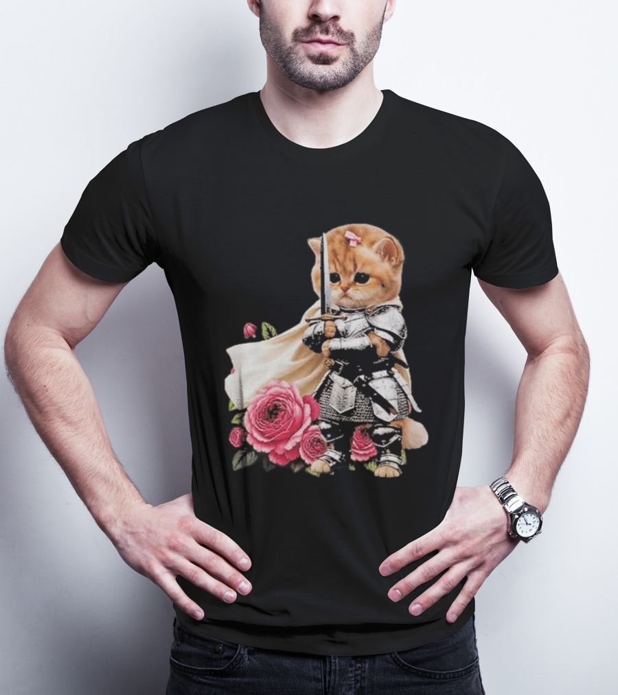 Knight Cat Holding Sword With Roses T-Shirt