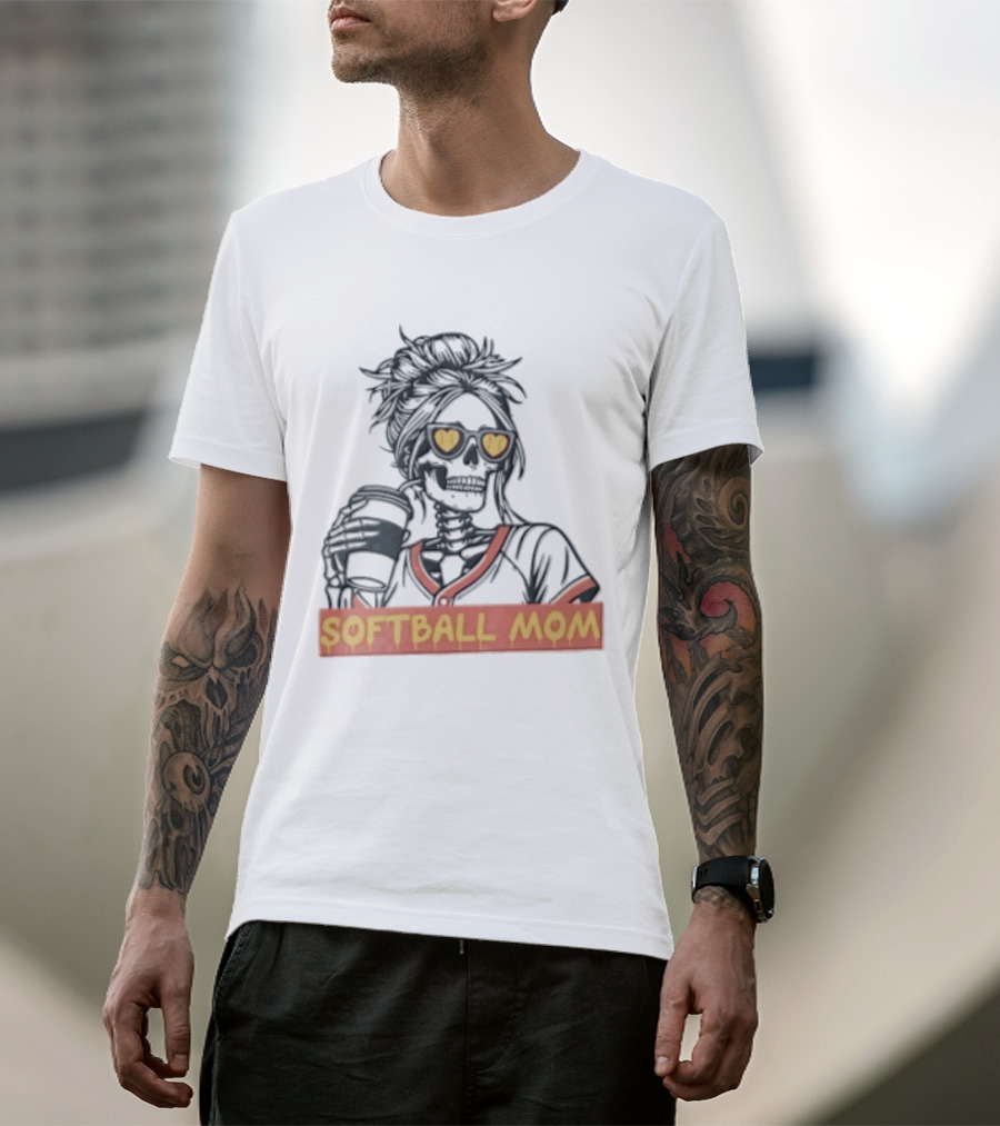 Softball MOM Skeleton Messy Bun Heart Sunglasses Coffee T-Shirt