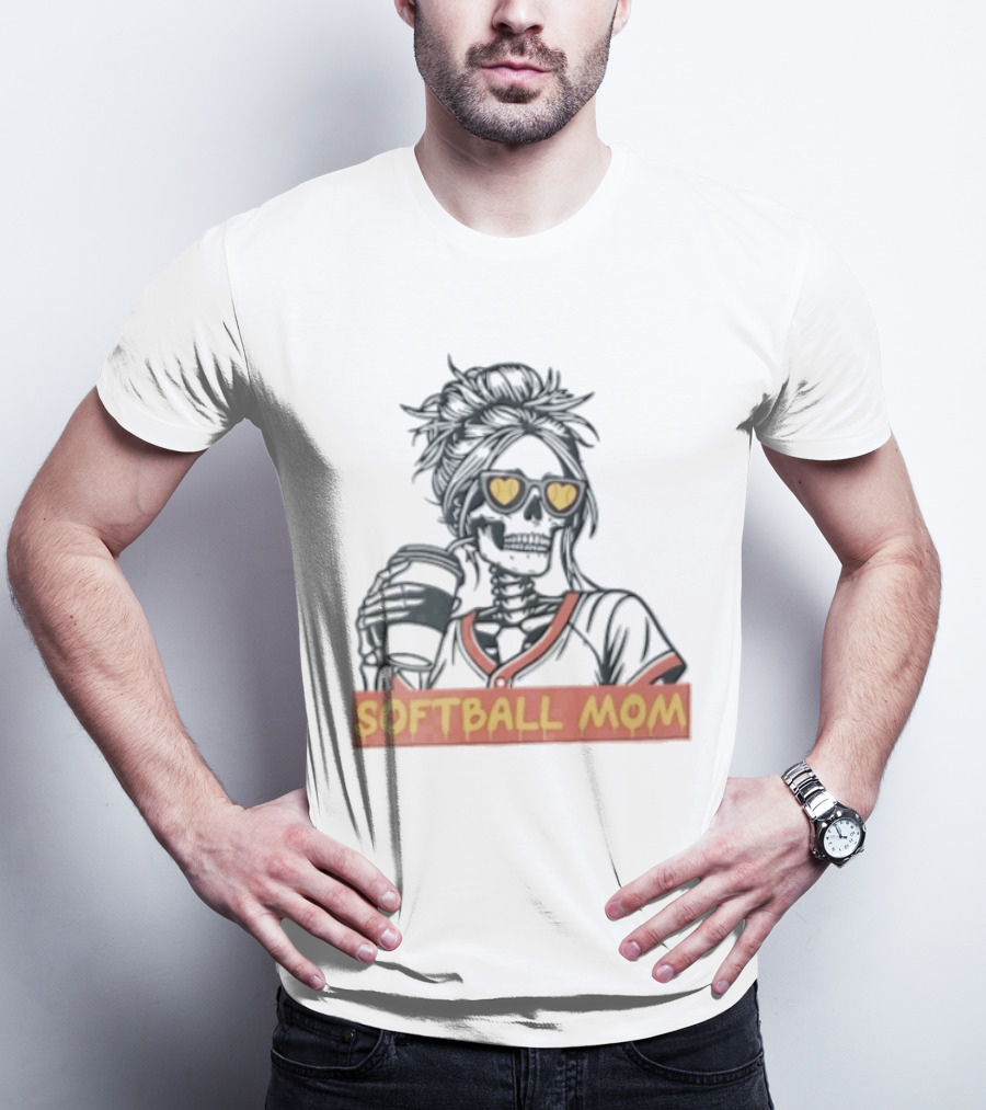Softball MOM Skeleton Messy Bun Heart Sunglasses Coffee T-Shirt