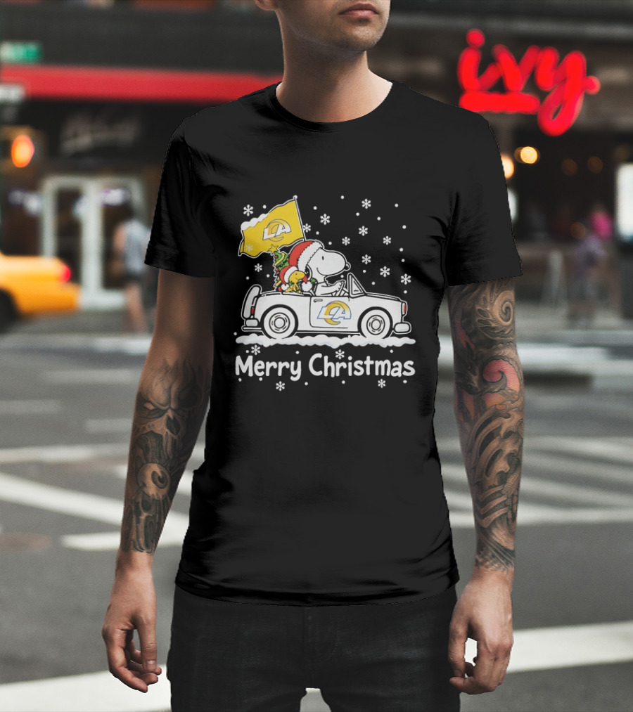 Los Angeles Rams Snoopy Woodstock Merry Christmas Car Holiday T-Shirt