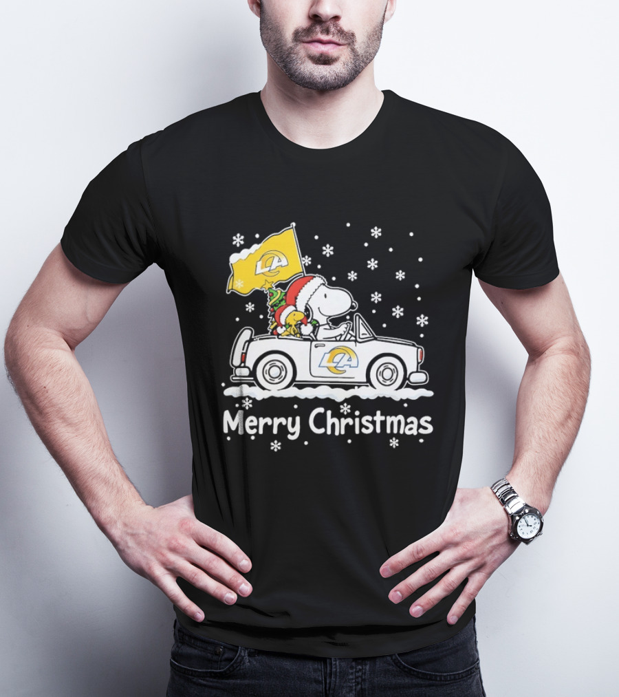 Los Angeles Rams Snoopy Woodstock Merry Christmas Car Holiday T-Shirt