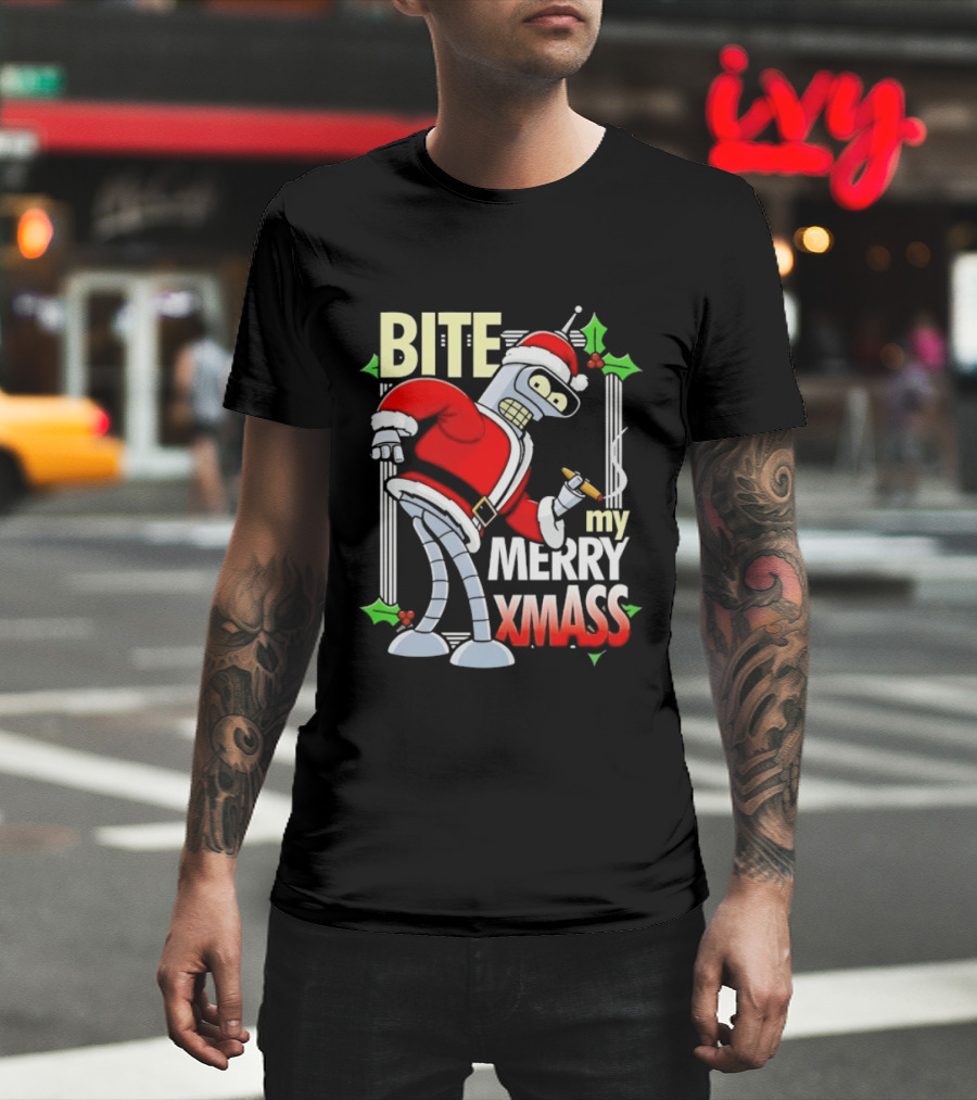 Bender Bite My Merry Xmass Futurama Santa Cigarette Hollys T-Shirt