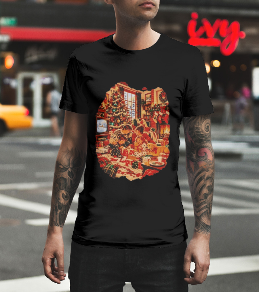 Cozy Christmas Morning Family Scene By The Fireplace With Tree And Stockings T-Shirt