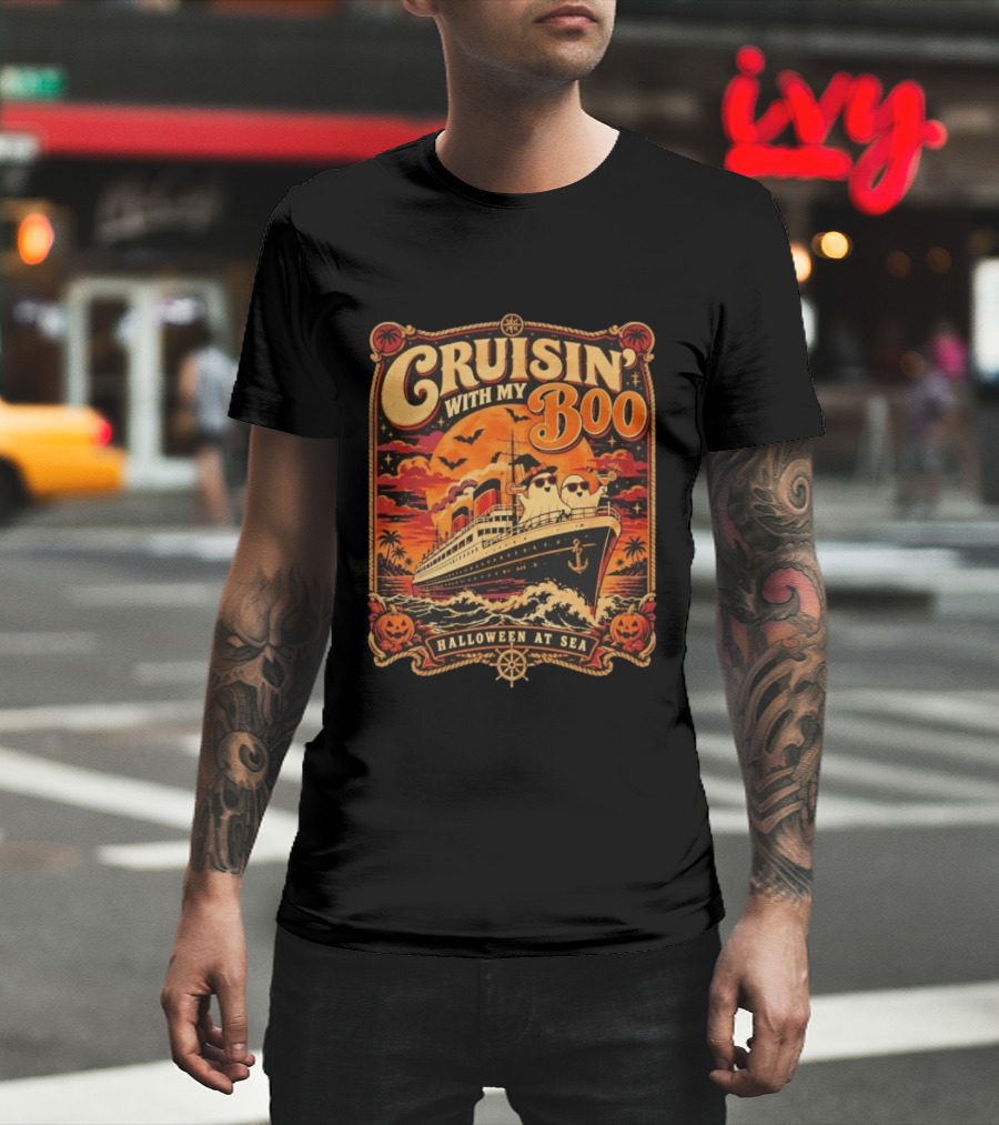Cruisin' With My Boo Halloween At Sea Ship Ghosts Pumpkins Full Moon T-Shirt