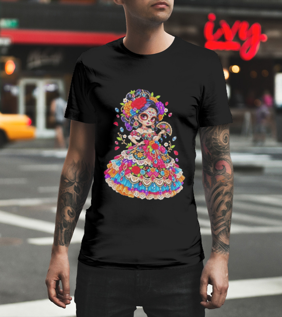 Day Of The Dead Catrina Girl Floral Dress Colorful Sugar Skull T-Shirt