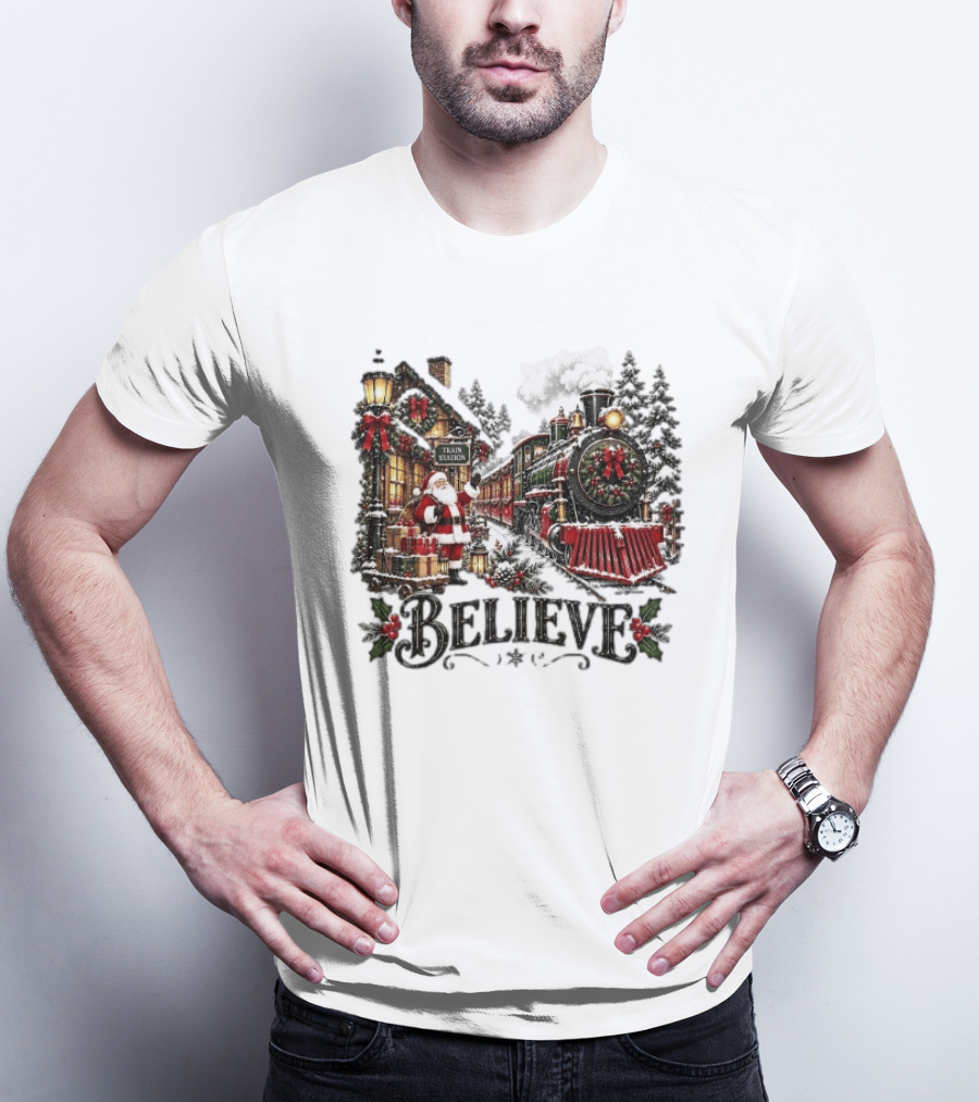 Believe Santa Claus At The Christmas Train Station With Snowy Locomotive Ornaments T-Shirt
