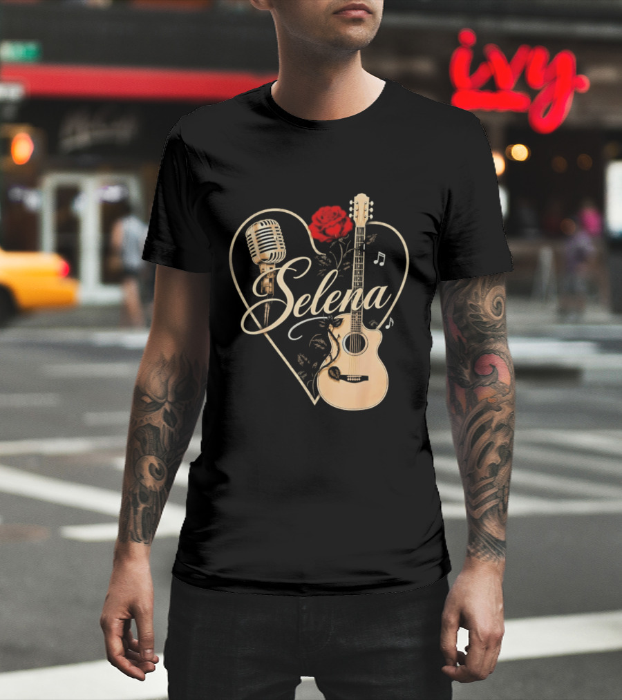 Selena Heart With Rose Microphone Guitar Music Notes T-Shirt