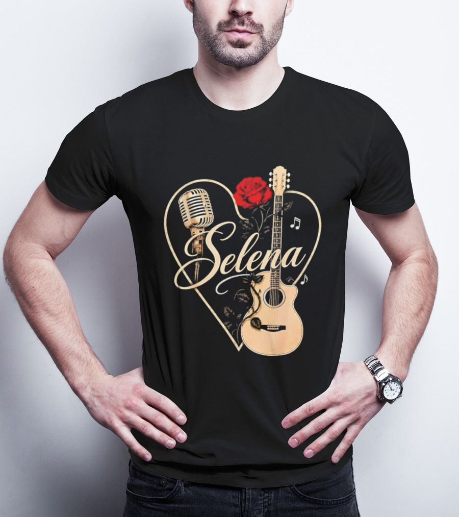 Selena Heart With Rose Microphone Guitar Music Notes T-Shirt