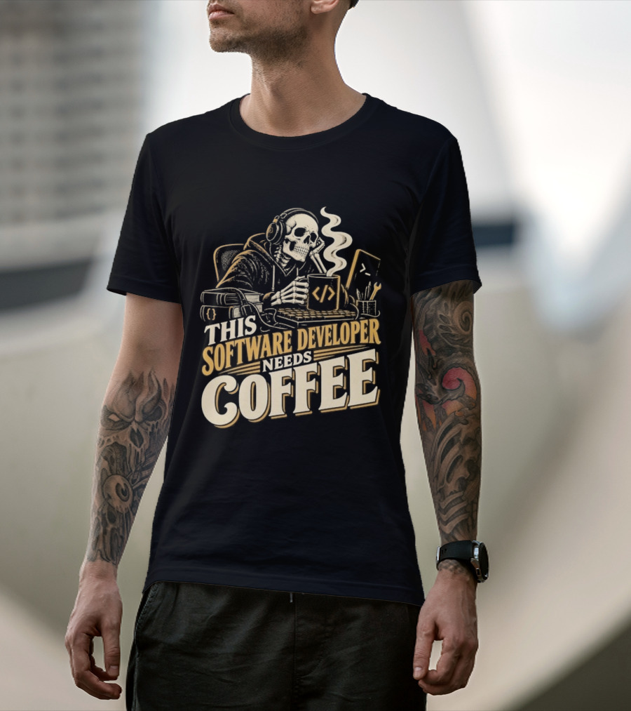 This Software Developer Needs Coffee Coding Skeleton T-Shirt