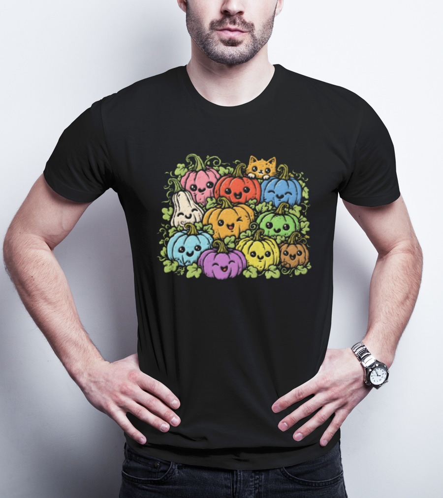 Halloween Cute Colorful Pumpkins And Gourds With Orange Cat T-Shirt