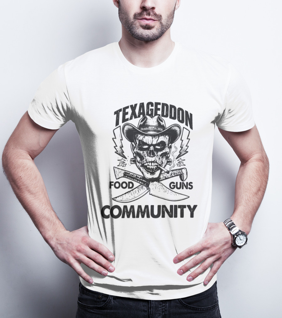 Texageddon October 16 19 2026 Skull Cowboy Knives Guns Lightning Community T-Shirt