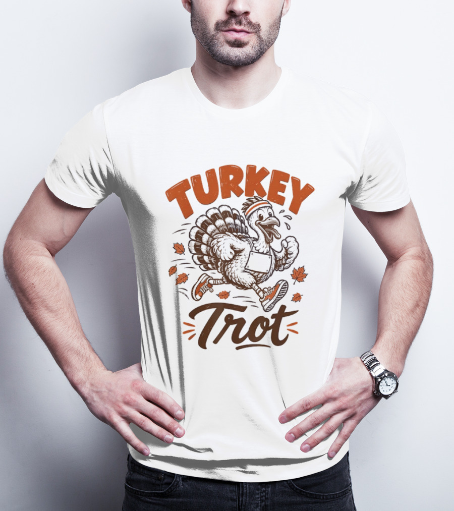 Turkey Trot Running Thanksgiving Holiday Turkey With Headband And Falling Leaves T-Shirt