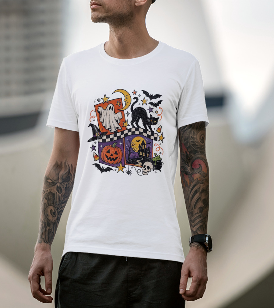 Halloween Ghost Cat Moon Pumpkin Witch Hat Skull Scene T-Shirt