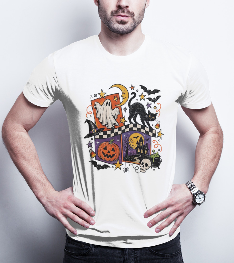 Halloween Ghost Cat Moon Pumpkin Witch Hat Skull Scene T-Shirt
