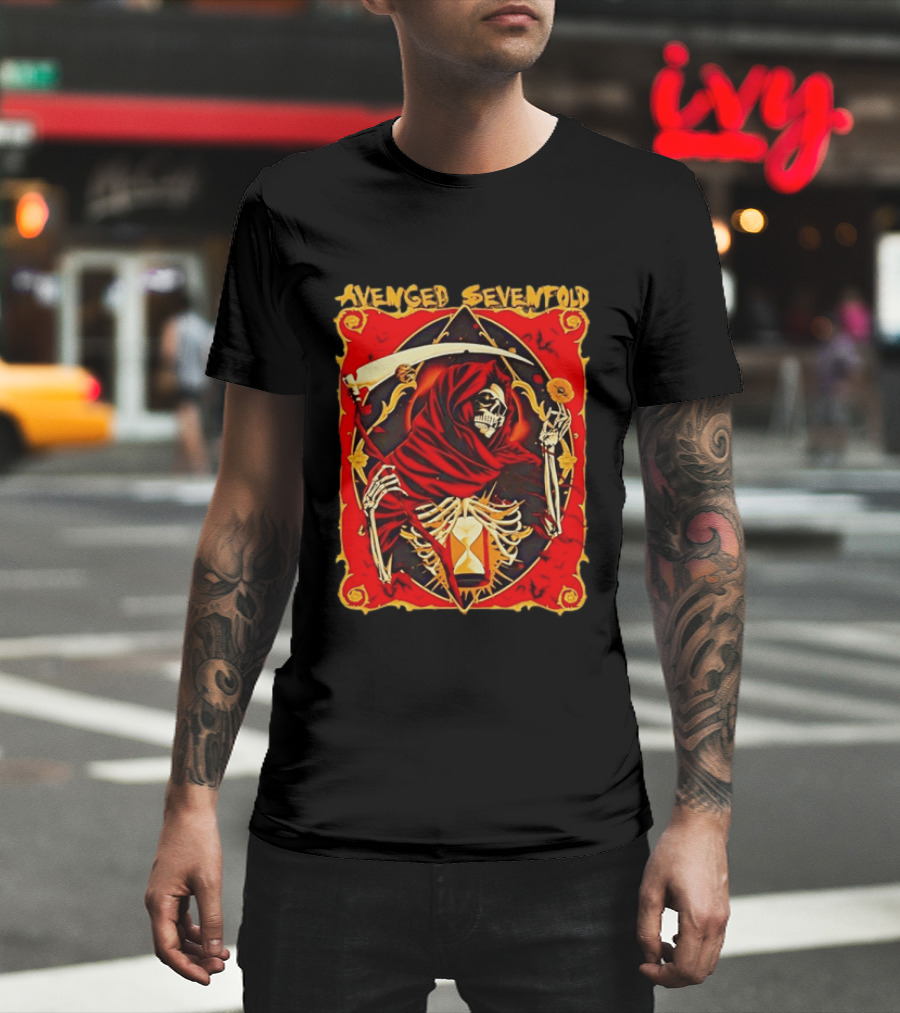 Avenged Sevenfold Grim Reaper Scythe Skeleton Hourglass Cloaked Skeleton T-Shirt