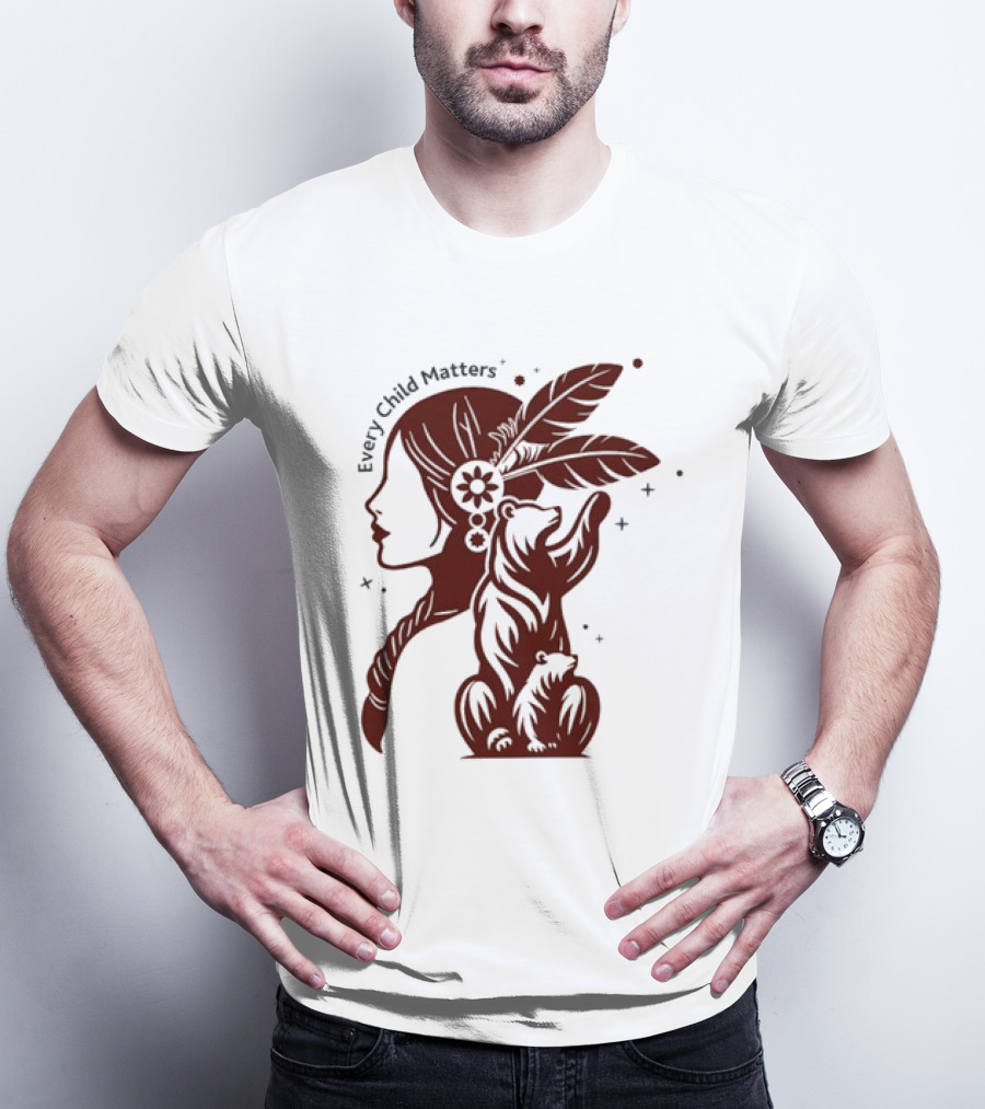 Every Child Matters Indigenous Woman Profile With Bear And Feathers T-Shirt