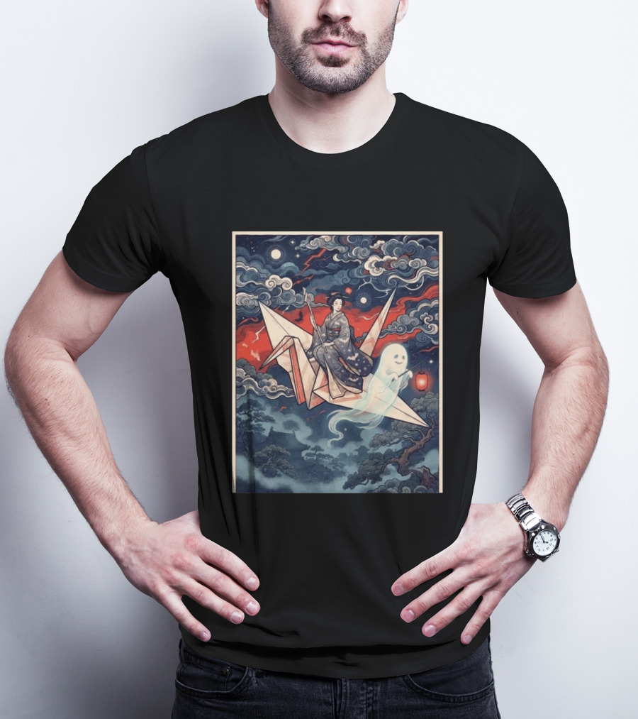 Witch And Ghost Halloween 2026 Japanese Origami Lantern Night Sky T-Shirt