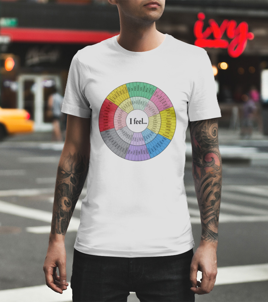 I Feel Emotion Wheel Chart Mental Health Happy Sad Angry Calm Anxious Excited Bored Loved Lonely Frustrated T-Shirt