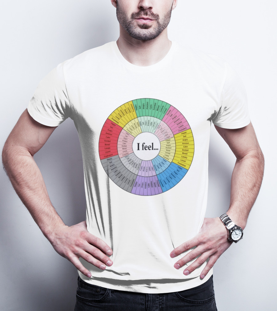 I Feel Emotion Wheel Chart Mental Health Happy Sad Angry Calm Anxious Excited Bored Loved Lonely Frustrated T-Shirt