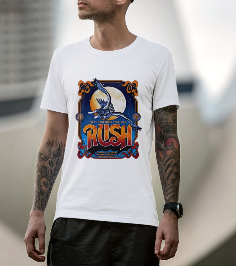 Rush Fifty Something Tour 2026 Geddy Lee Alex Lifeson Neil Peart John Rutsey Together Again Owl Moon T-Shirt