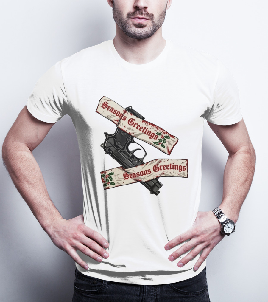 Seasons Greetings Handgun Holiday Pistol Merry Christmas T-Shirt