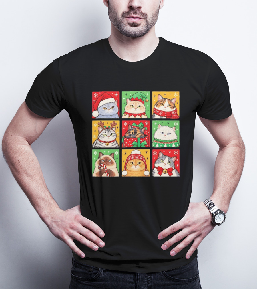 Cats In Christmas Costumes Festive Holiday Kittens Santa Hats And Gifts T-Shirt