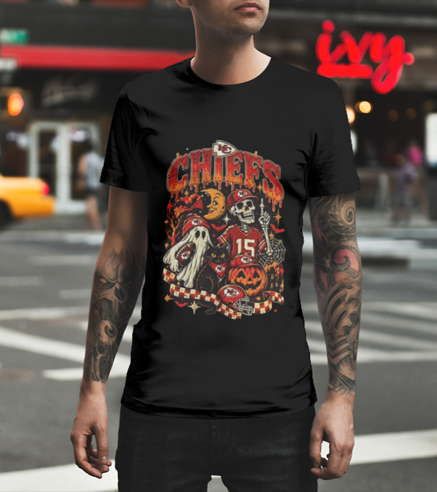 Kansas City Chiefs Patrick Mahomes Halloween Skeleton Jersey Cap Football Scene T-Shirt