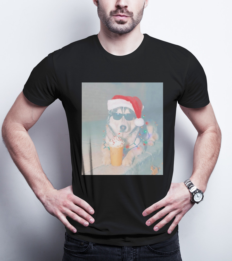 Husky Dog Santa Hat Sunglasses Christmas Lights And Holiday Drink T-Shirt
