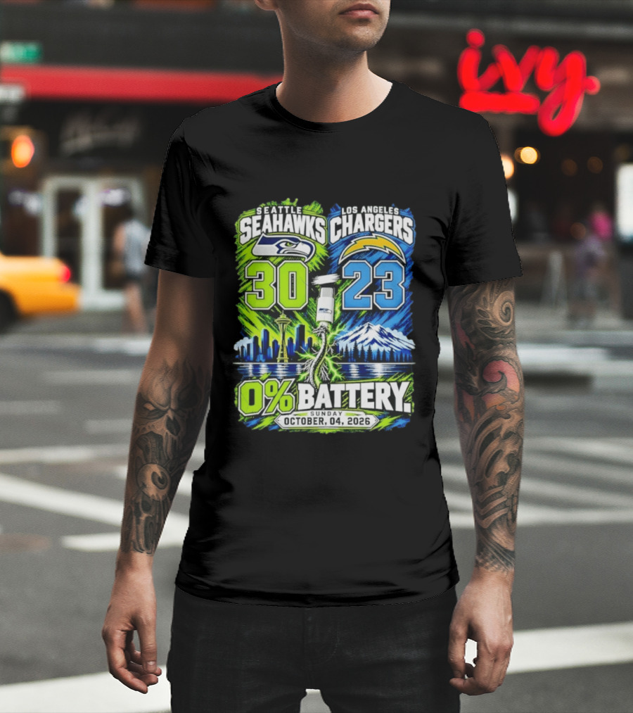 Seattle Seahawks Vs Los Angeles Chargers 30 23 Game 0% Battery October 4 2026 T-Shirt