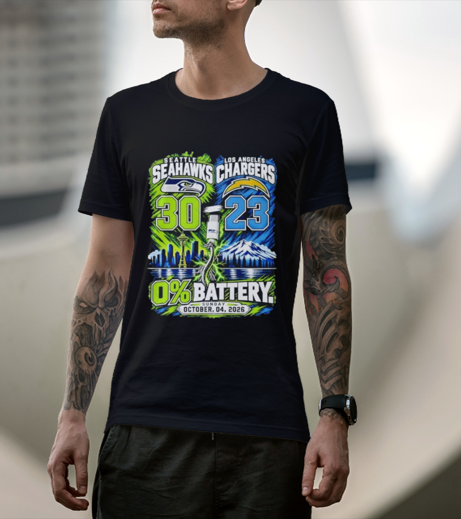 Seattle Seahawks Vs Los Angeles Chargers 30 23 Game 0% Battery October 4 2026 T-Shirt