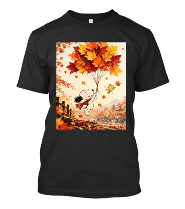 Snoopy And Woodstock Autumn Leaves Floating Scene With Tree And Bridge T-Shirt