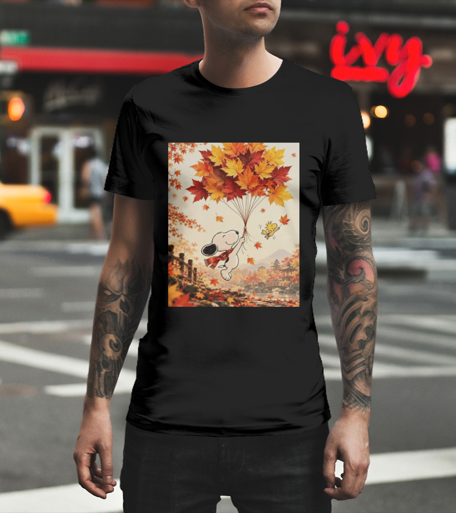 Snoopy And Woodstock Autumn Leaves Floating Scene With Tree And Bridge T-Shirt