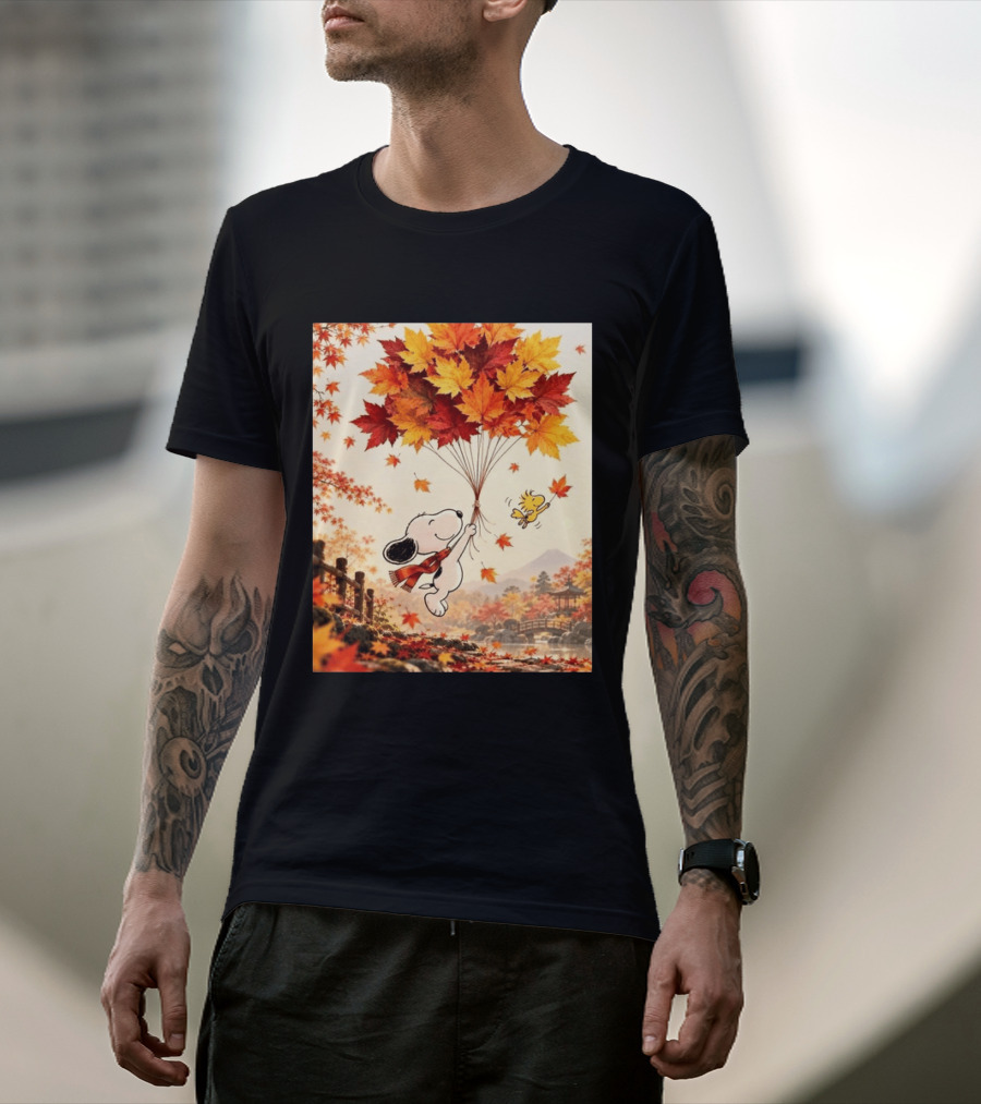 Snoopy And Woodstock Autumn Leaves Floating Scene With Tree And Bridge T-Shirt