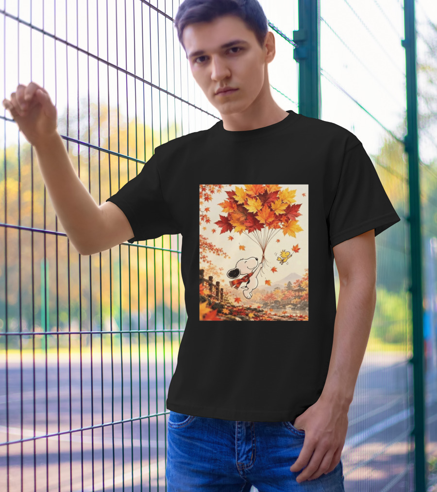 Snoopy And Woodstock Autumn Leaves Floating Scene With Tree And Bridge T-Shirt