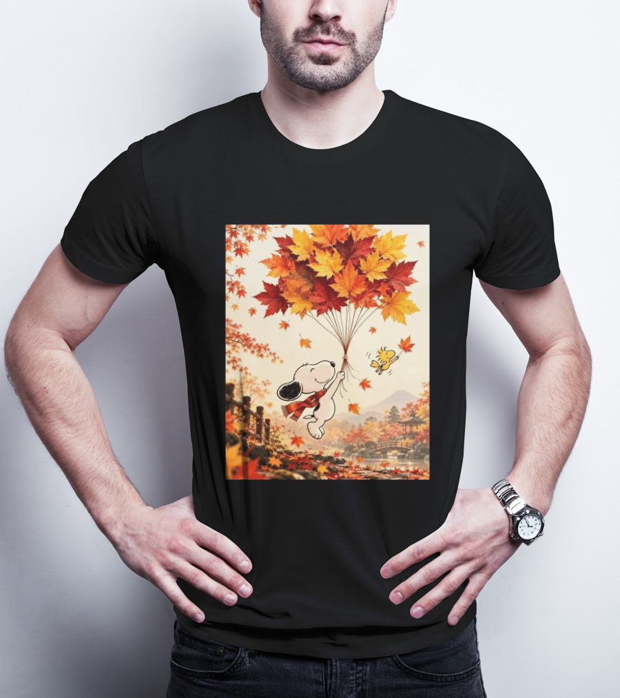 Snoopy And Woodstock Autumn Leaves Floating Scene With Tree And Bridge T-Shirt