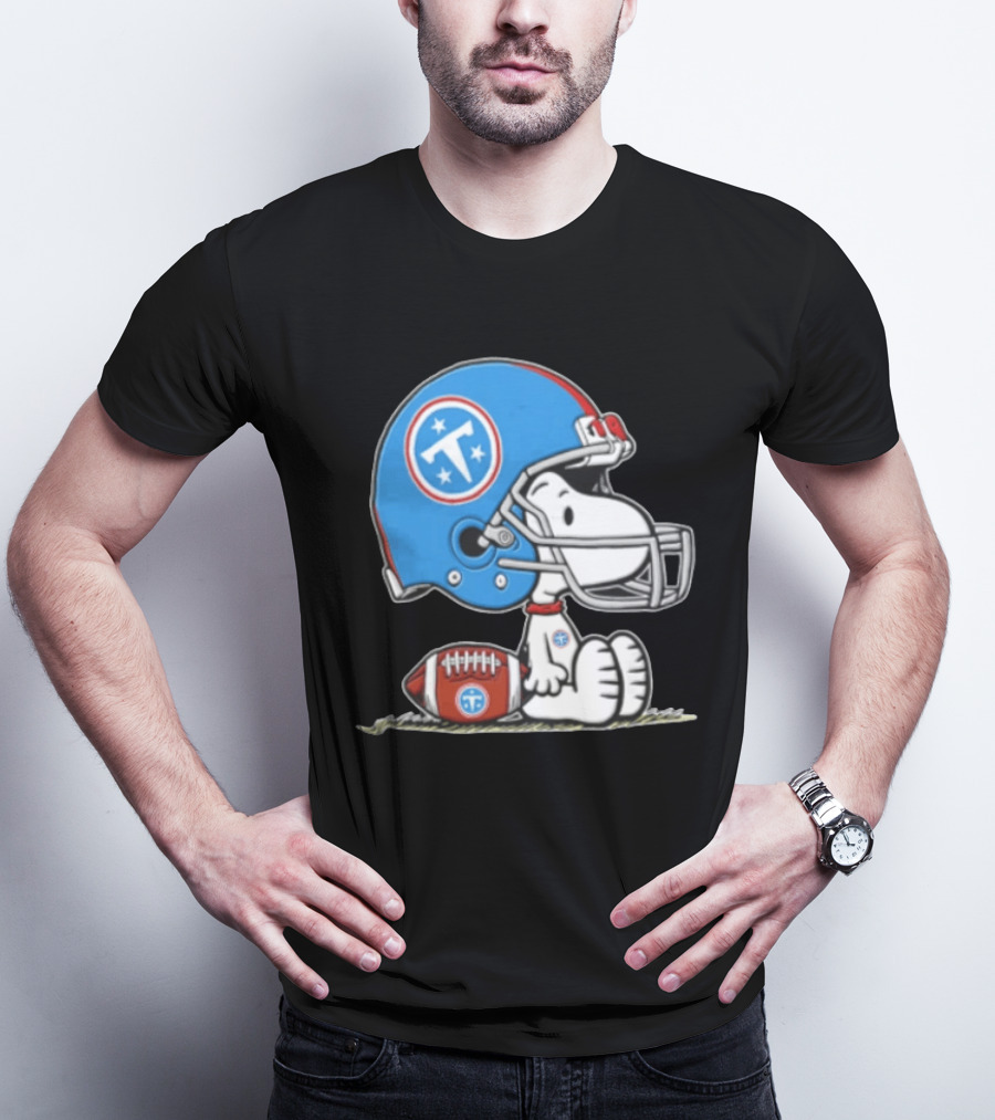 Snoopy Wearing Tennessee Titans Football Helmet Sitting With Football T-Shirt