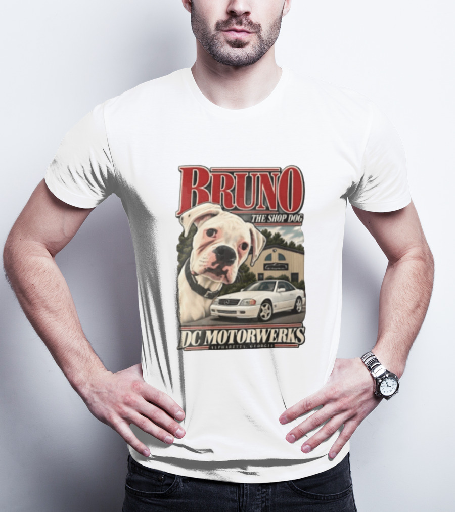 BRUNO THE SHOP DOG DC Motorwerks Alpharetta Georgia Boxer Dog White Car Building T-Shirt