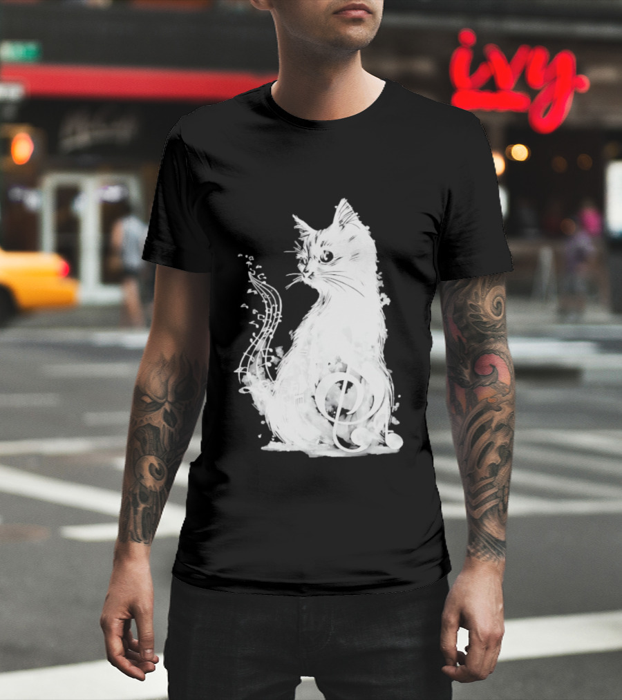 Musical Cat With Treble Clef And Notes T-Shirt